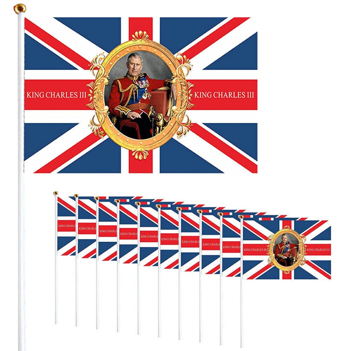 Union Jack Hand Flags Pack White Pole With Gold Ball Tip and Fabric ...