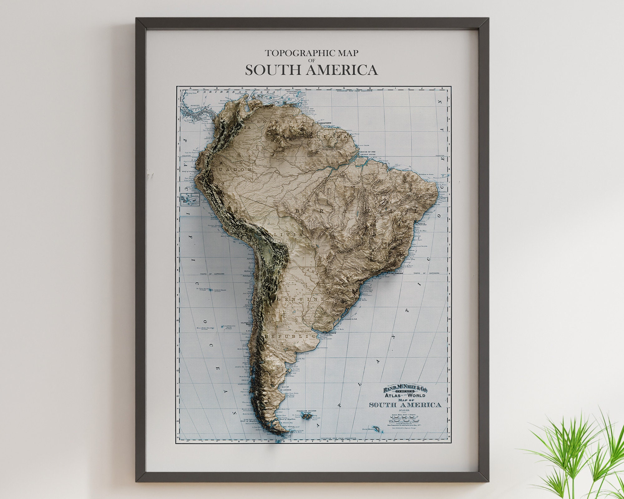 South America Vintage Topographic Map C. 1895 Shaded Relief Map - Etsy