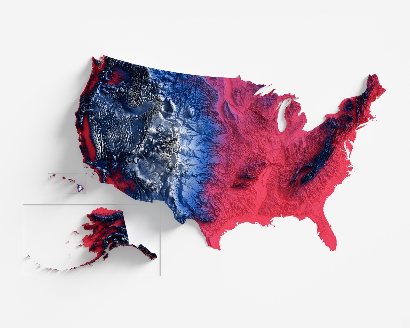 United States Shaded Relief Map Flag Colours - Etsy