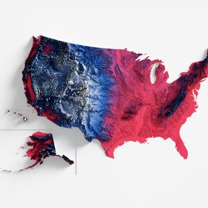 United States Shaded Relief Map Flag Colours - Etsy