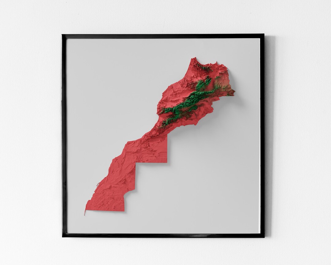 Morocco - Shaded Relief Map - Flag Colours - Etsy