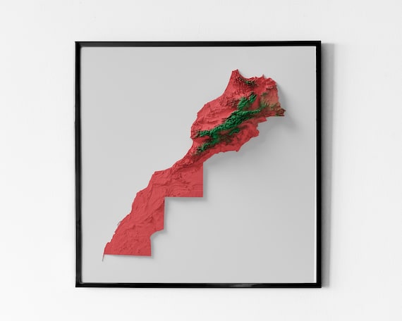 Morocco Shaded Relief Map Flag Colours | Etsy