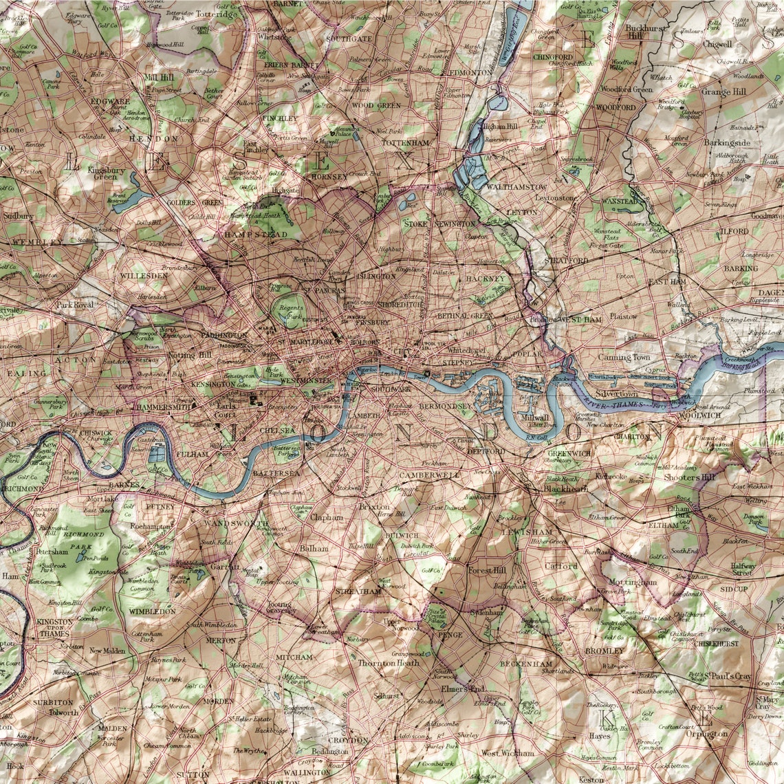 Topographic Map of London c.1955 Vintage Map Shaded - Etsy UK