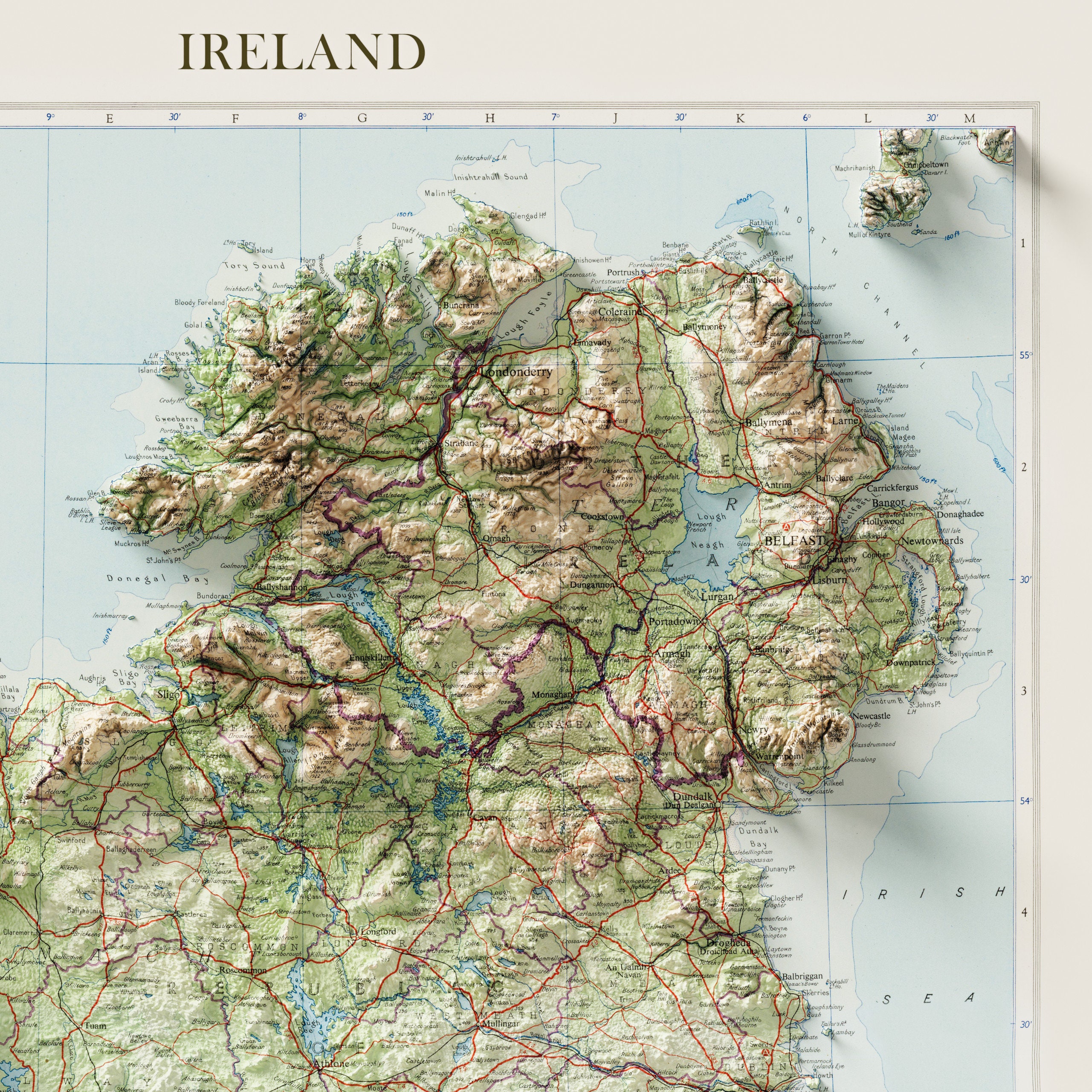 Ireland - Vintage Topographic Map - Shaded Relief Map - Etsy