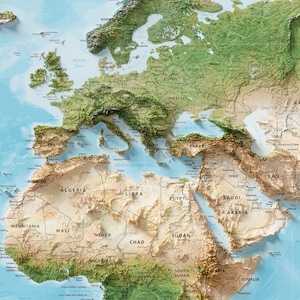 Countries of the World Map - Shaded Relief Map - Etsy