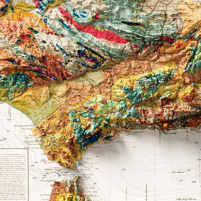 Geological Map of Spain and Portugal c.1879 Vintage Shaded Relief Map ...