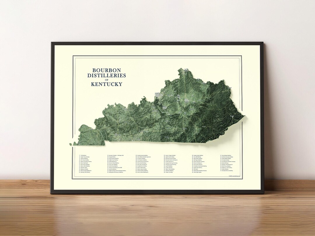 Bourbon Whiskey Distilleries of Kentucky - Modern Shaded Relief Map ...