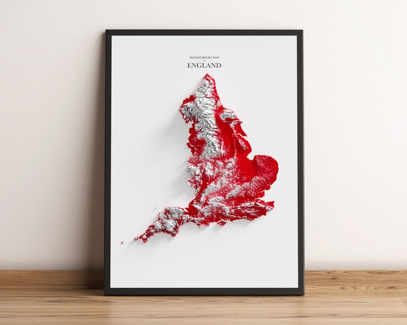 England Shaded Relief Map Flag Colours - Etsy