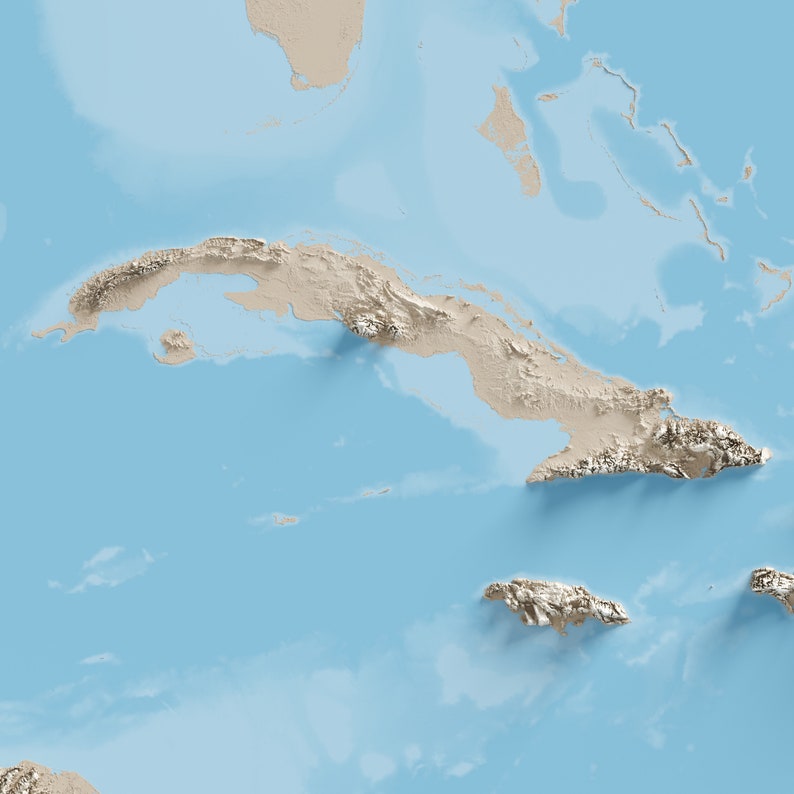 The Caribbean - Shaded Relief Map - Natural Topography - Etsy