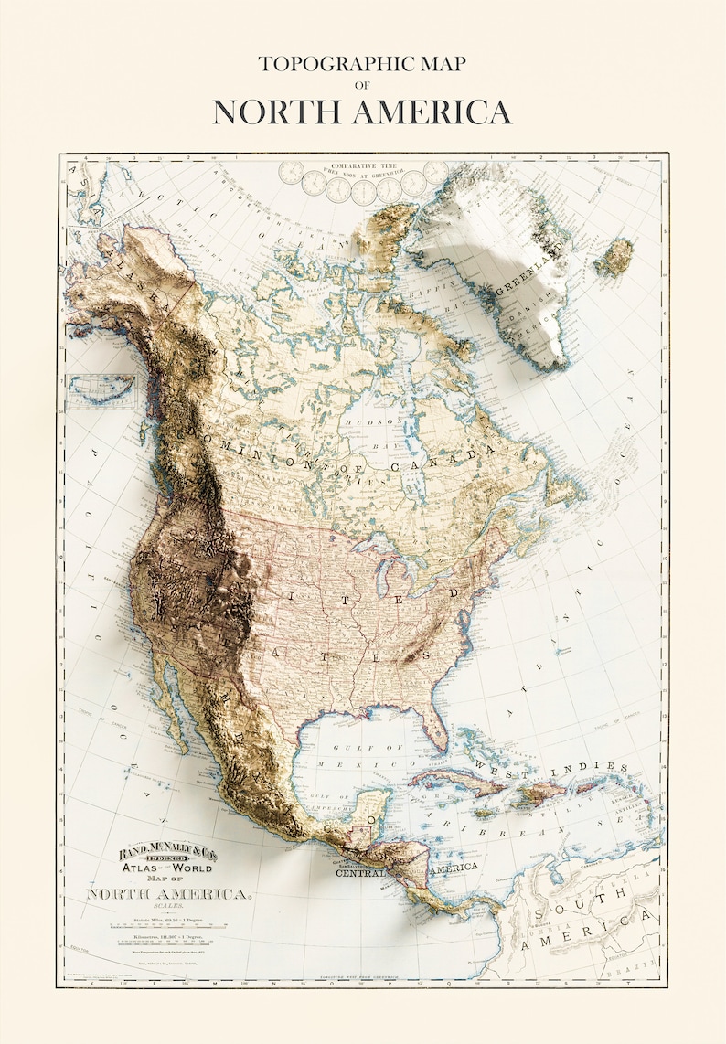 North America Vintage Topographic Map C. 1892 Shaded - Etsy