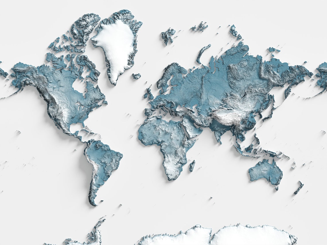 The World - Shaded Relief Map - Natural Topography - Etsy