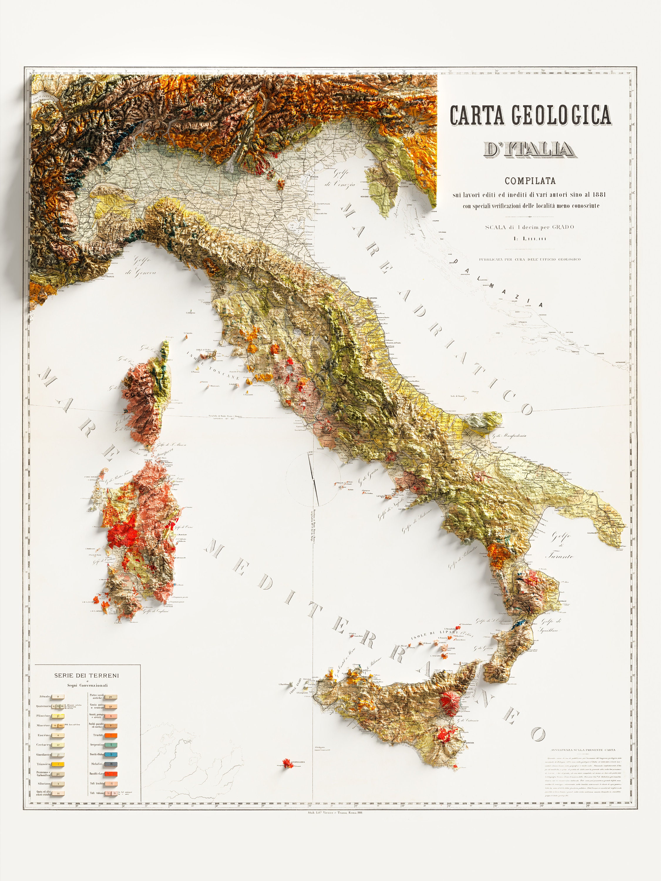 Geological Map of Italy (c.1881) - Vintage - Shaded Relief Map - Etsy
