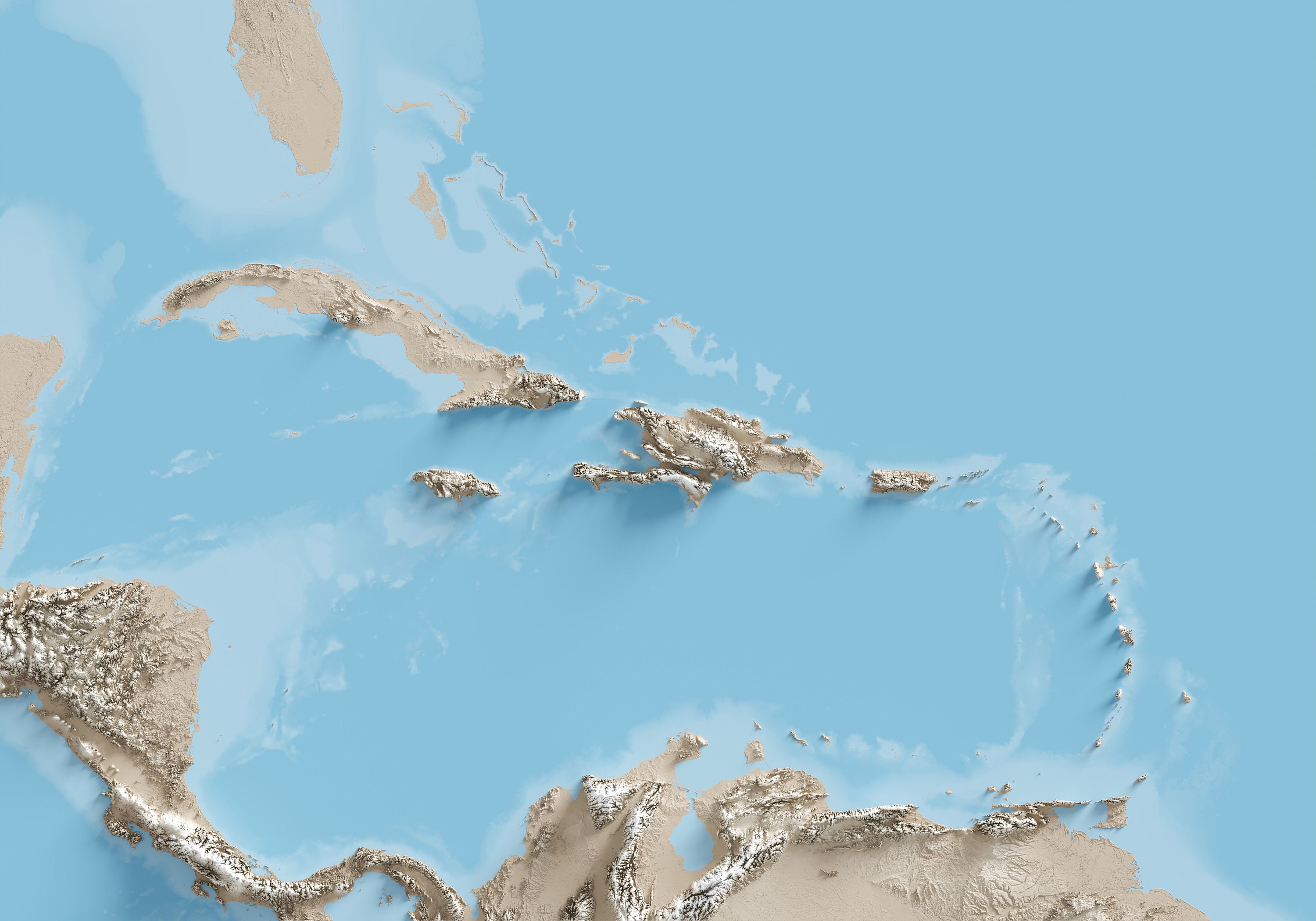 The Caribbean - Shaded Relief Map - Natural Topography - Etsy