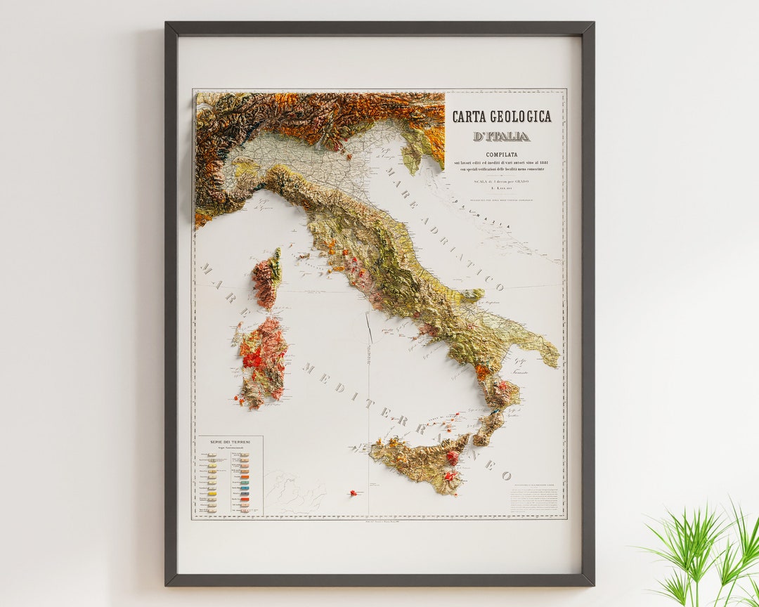 Geological Map of Italy (c.1881) - Vintage - Shaded Relief Map - Etsy