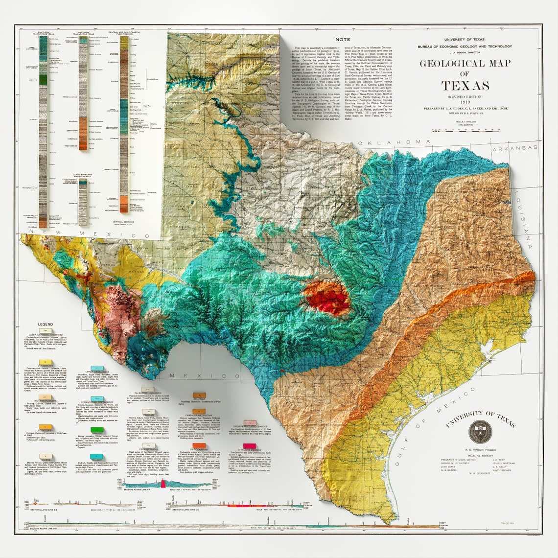 Geological Map of Texas - Vintage - Shaded Relief Map - Etsy