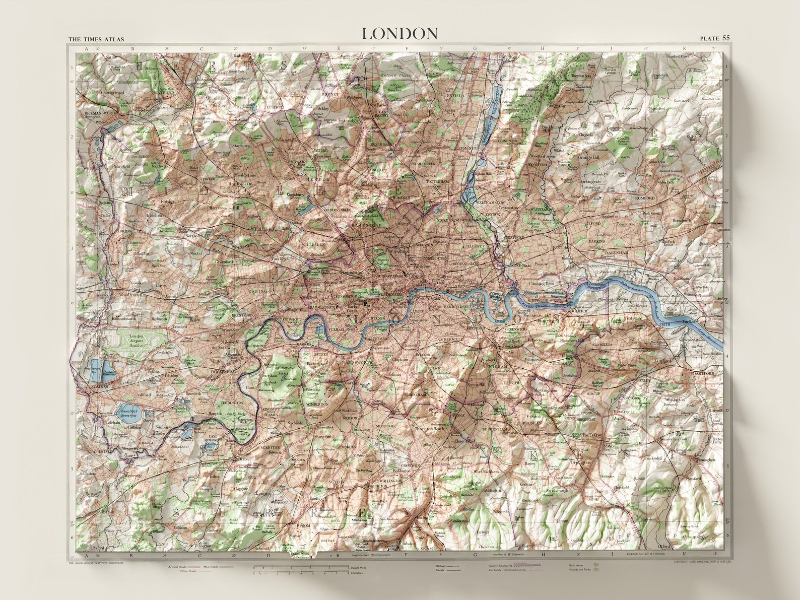 Topographic Map of London c.1955 Vintage Map Shaded Relief Map - Etsy UK