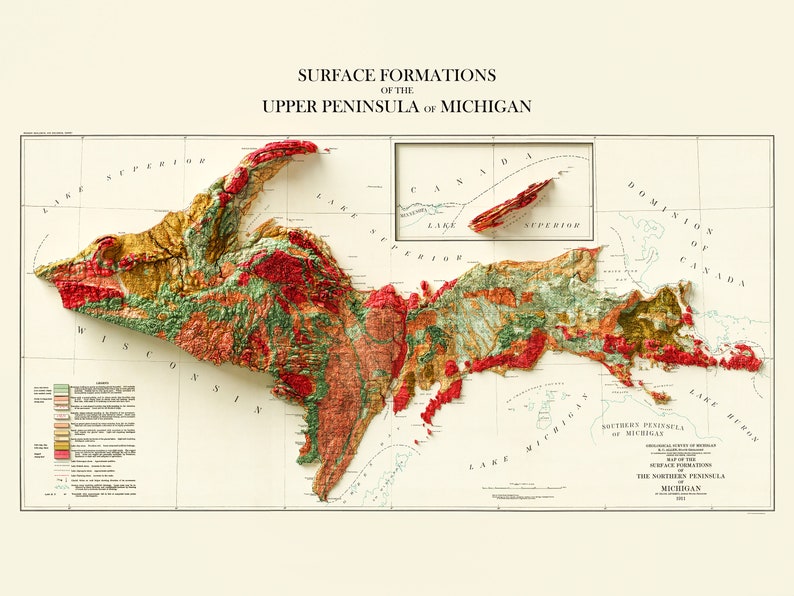 Geological Map of the Upper Peninsula in Michigan (c.1911) - Vintage ...