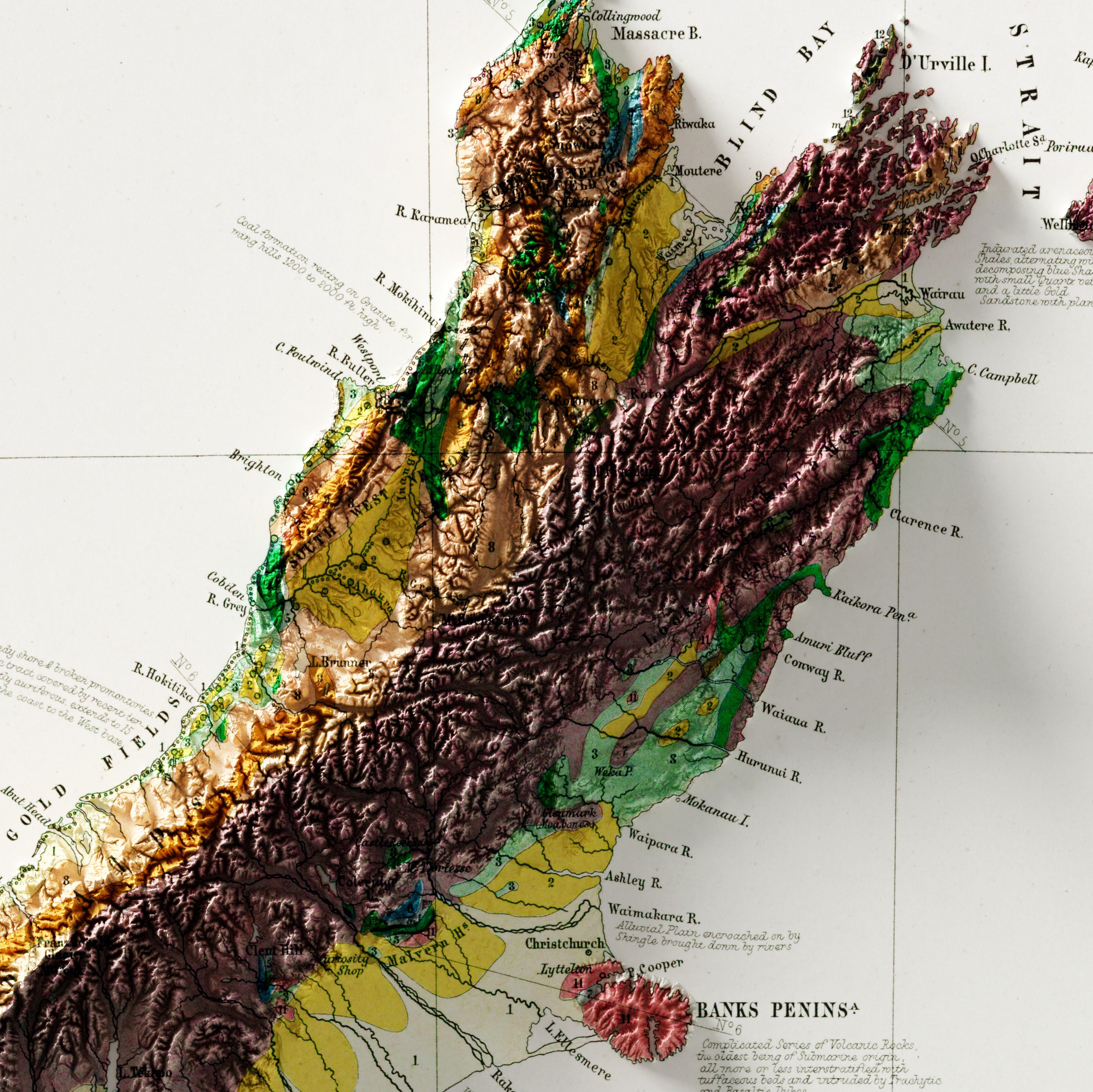 Geological Map of New Zealand - Vintage Geology Map - Shaded Relief Map ...