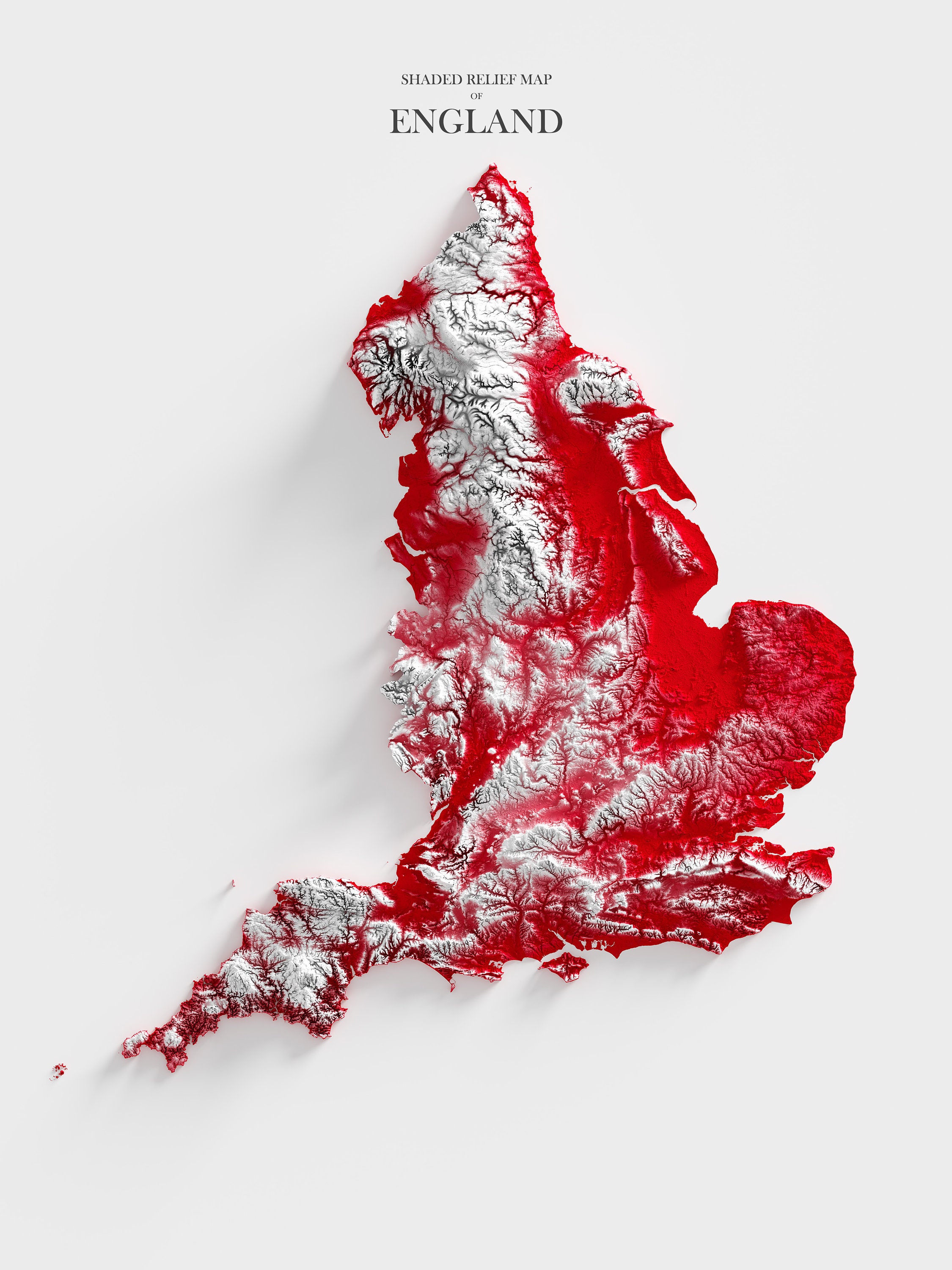 England Shaded Relief Map Flag Colours - Etsy