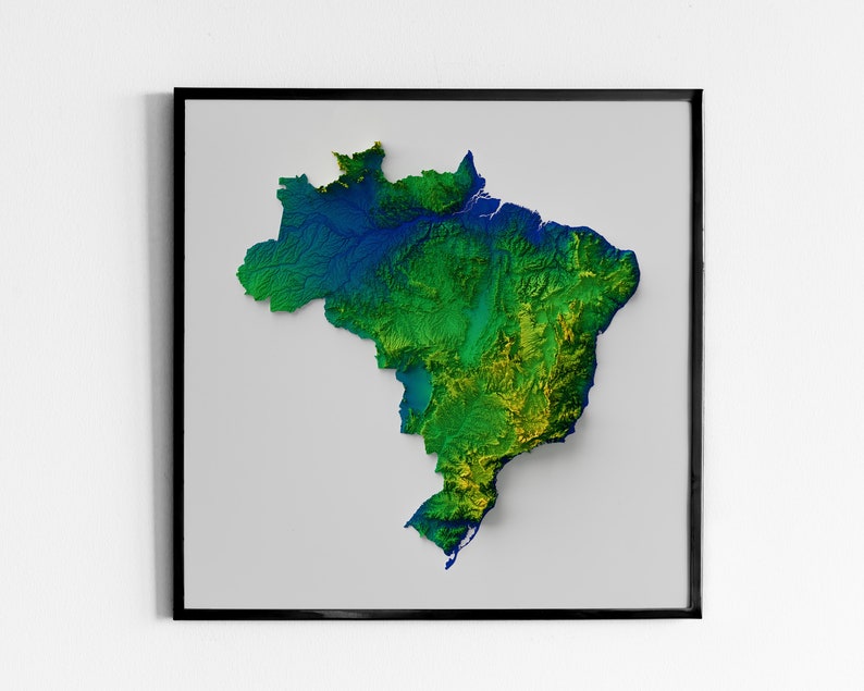 Brazil Shaded Relief Map Flag Colours - Etsy