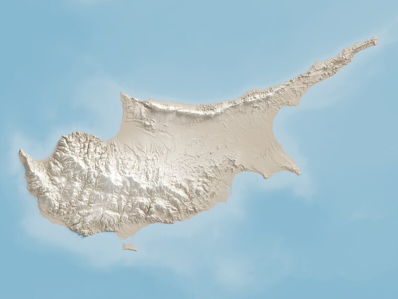 Cyprus - Shaded Relief Map - Islands and Coastal Maps - Etsy