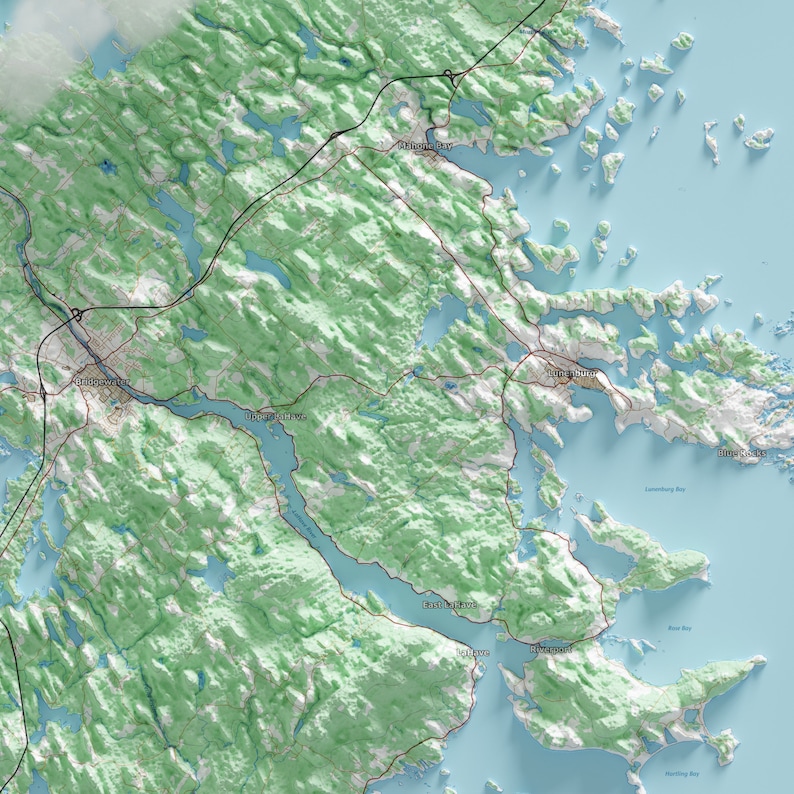 South Shore Nova Scotia Topographic Map Shaded Relief Map - Etsy