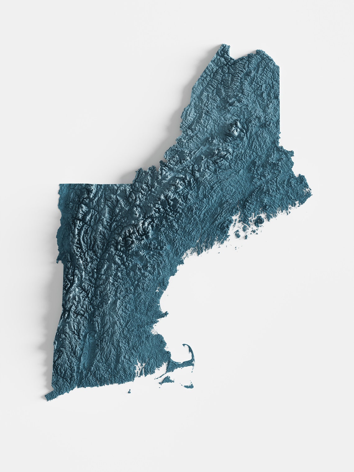 New England States - Shaded Relief Map - Natural Topography - Etsy