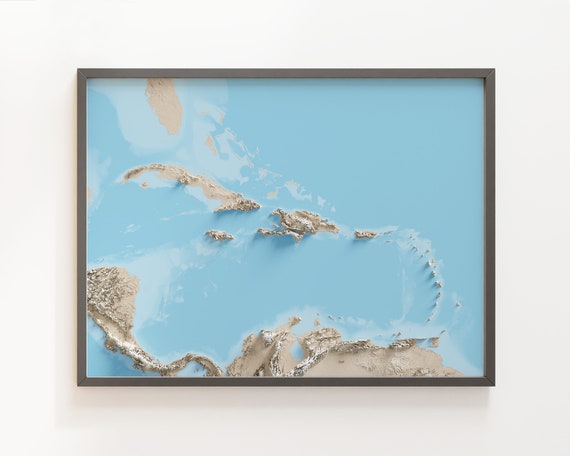 The Caribbean Shaded Relief Map Natural Topography - Etsy