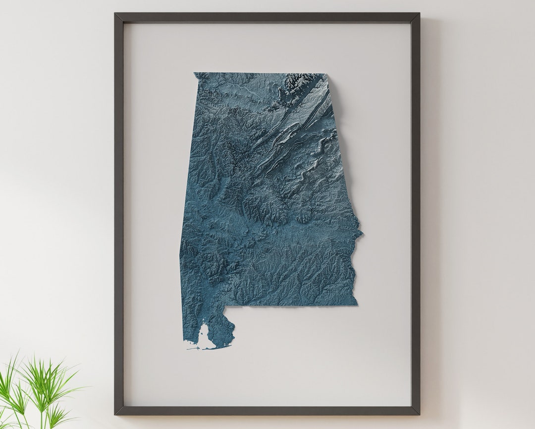 Alabama Shaded Relief Map Natural Topography - Etsy