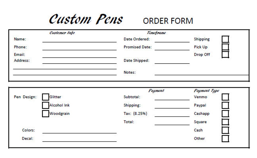 Pen Order Form - Etsy