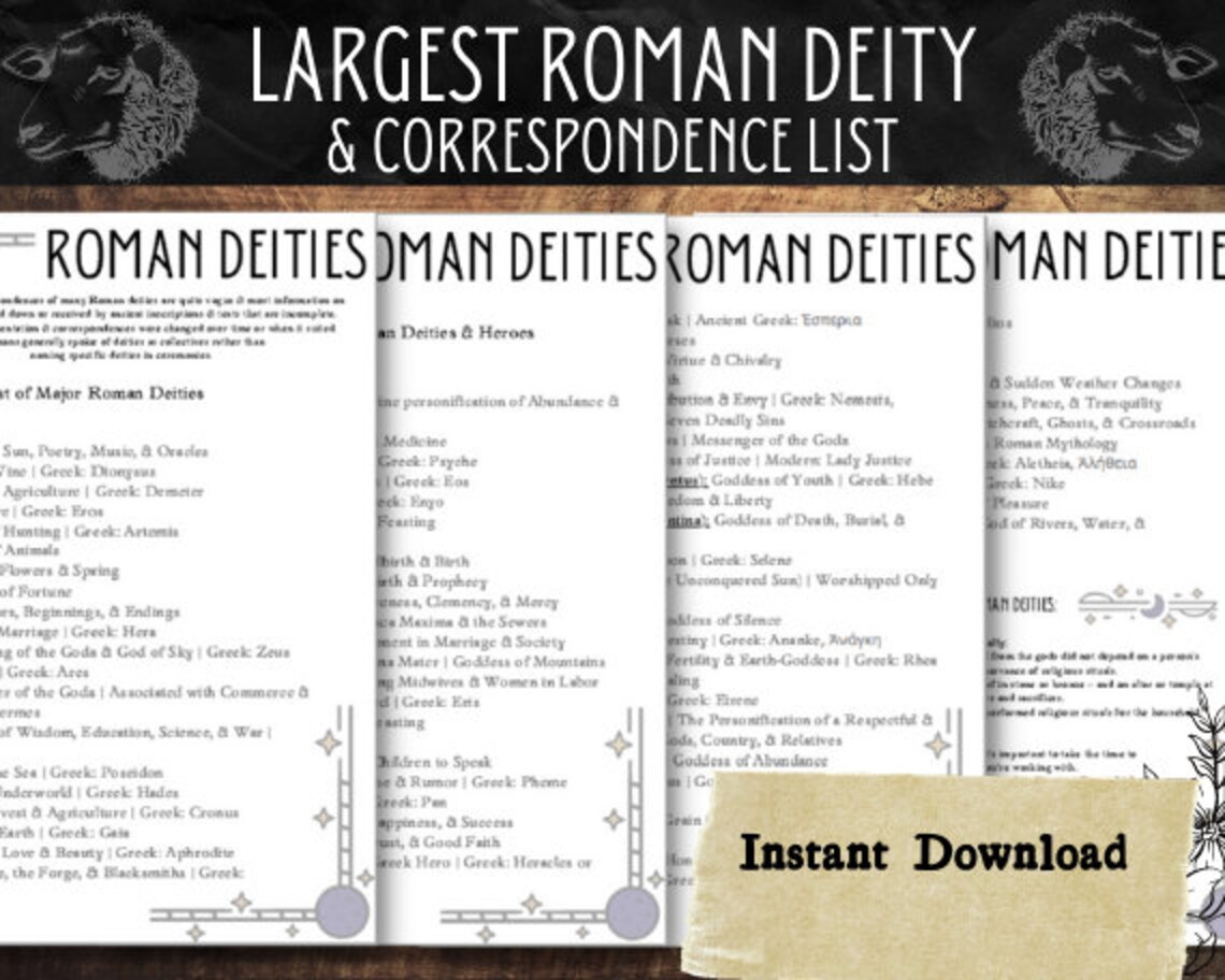 Largest Roman Deity & Correspondence List Printable Instant Download ...