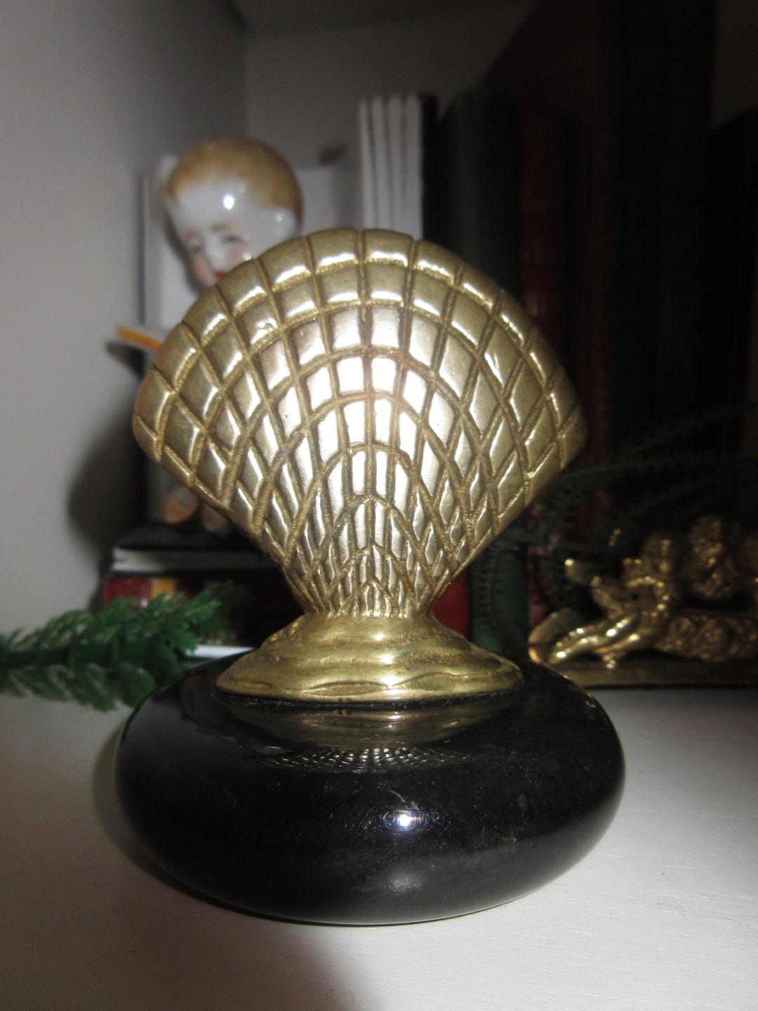 Vintage 1940s 1950s Round Black Marble / Obsidian Type Base With Brass ...