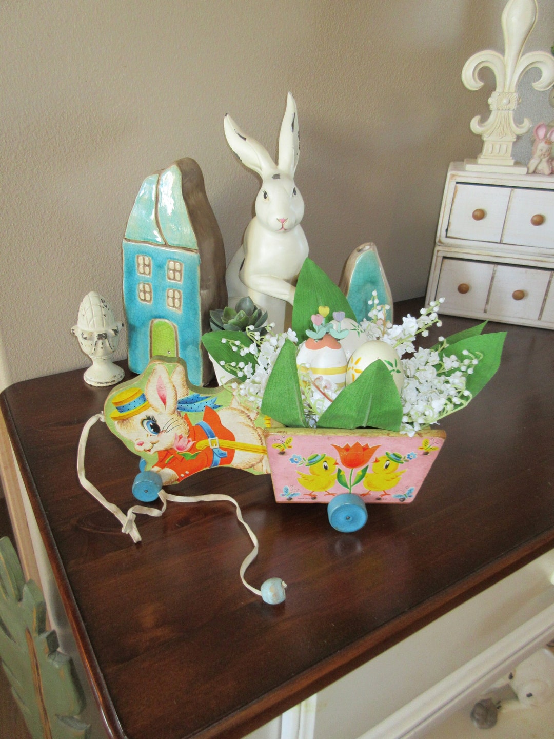 OLD Aged 1950s Fisher Price Toys Rabbit Cart Wooden Pull Toy 312 Made ...