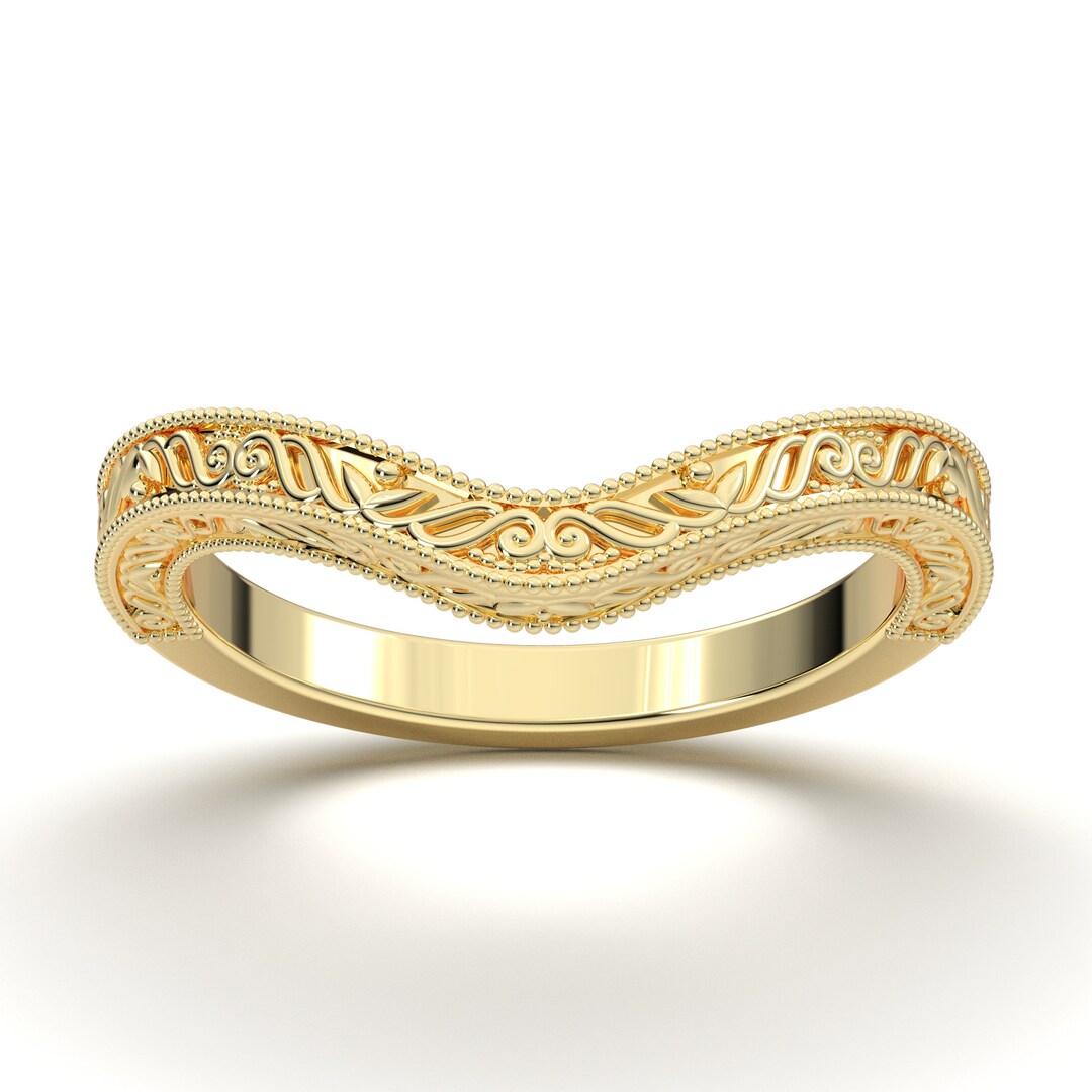 V-Form Ehering, gravierter Ehering, 14K Solid Gold Ring, Vintage Stil ...