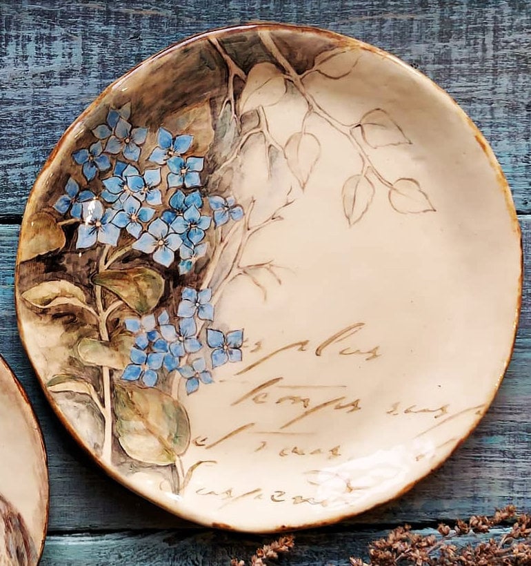 Hydrangea Ceramic Plate, Hand Painted Dinnerware, Vintage Style Decor ...