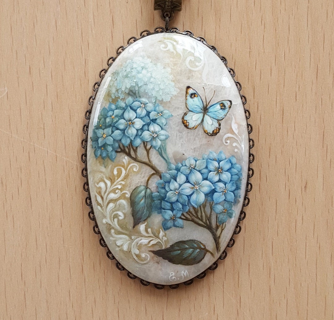 Hydrangea Pendant, Flower Jewelry, Natural Stone Necklace, Hand Painted ...