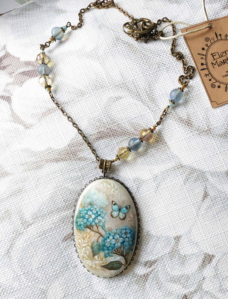 Hydrangea Pendant, Flower Jewelry, Natural Stone Necklace, Hand Painted ...