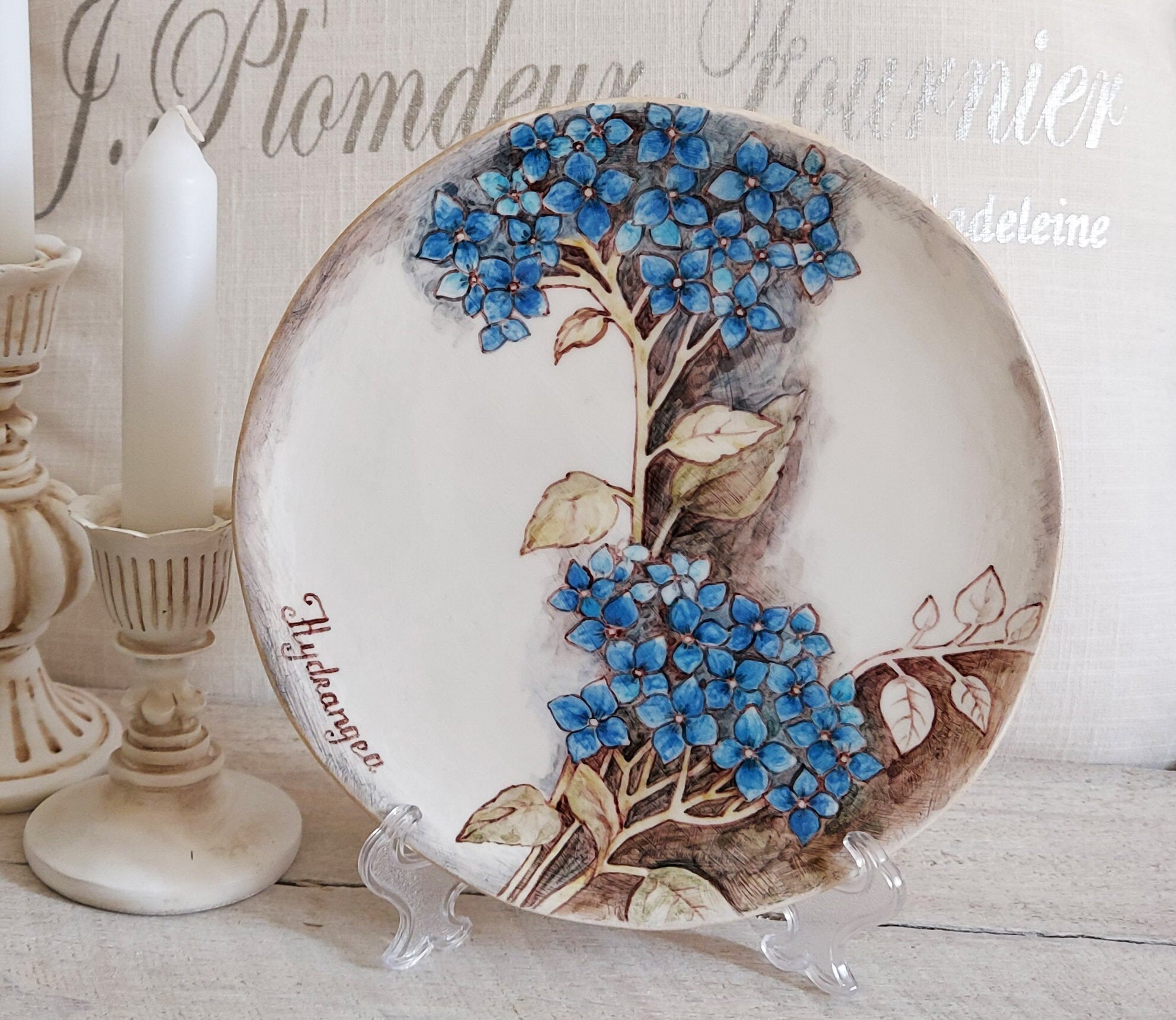 Hydrangea Ceramic PLATE, CERAMIC White Plate, Hand Painted Hydrangea ...