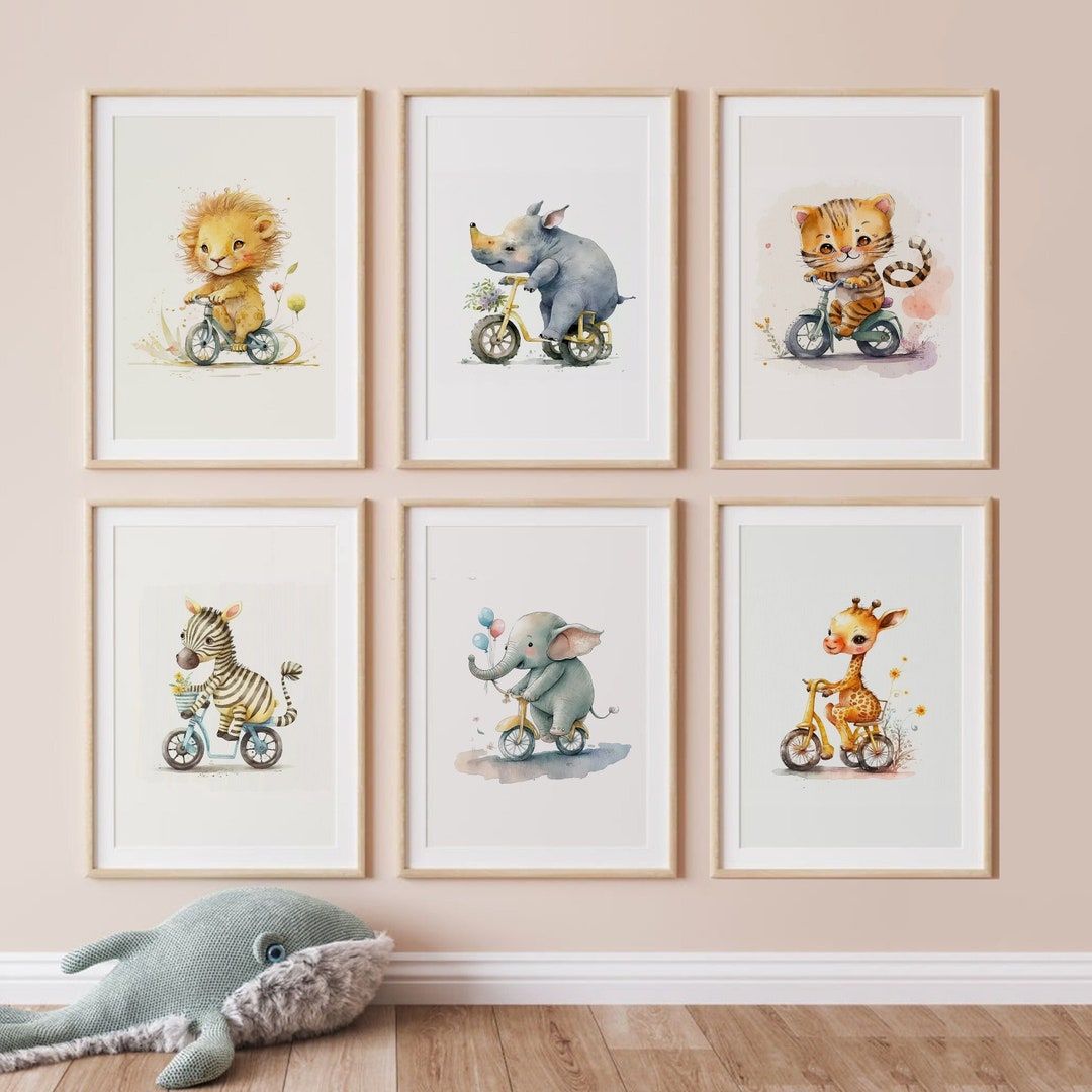 Set of 6 Baby Animal Riding Bike Printable Wall Art - Baby Animal Print ...