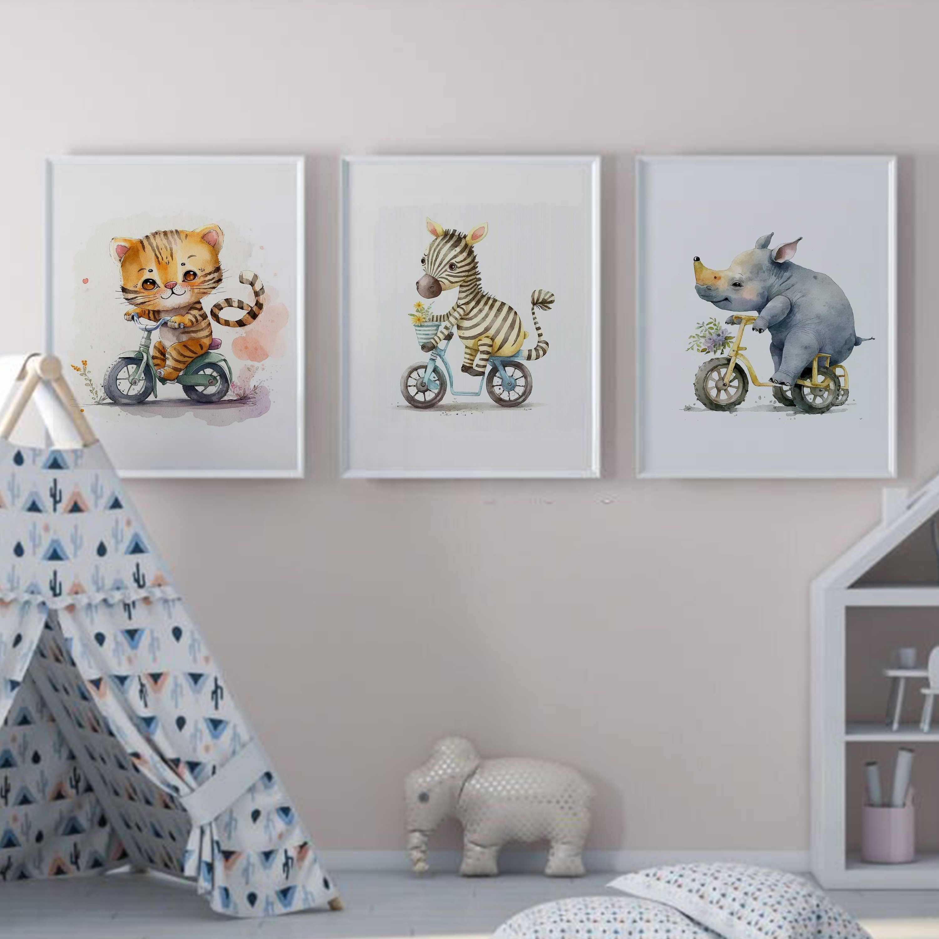 Set of 6 Baby Animal Riding Bike Printable Wall Art - Baby Animal Print ...