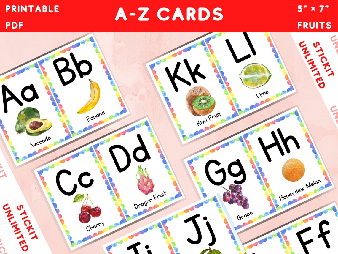 Fruits Alphabet Flashcards - Fruits Montessori Cards - Alphabet ...
