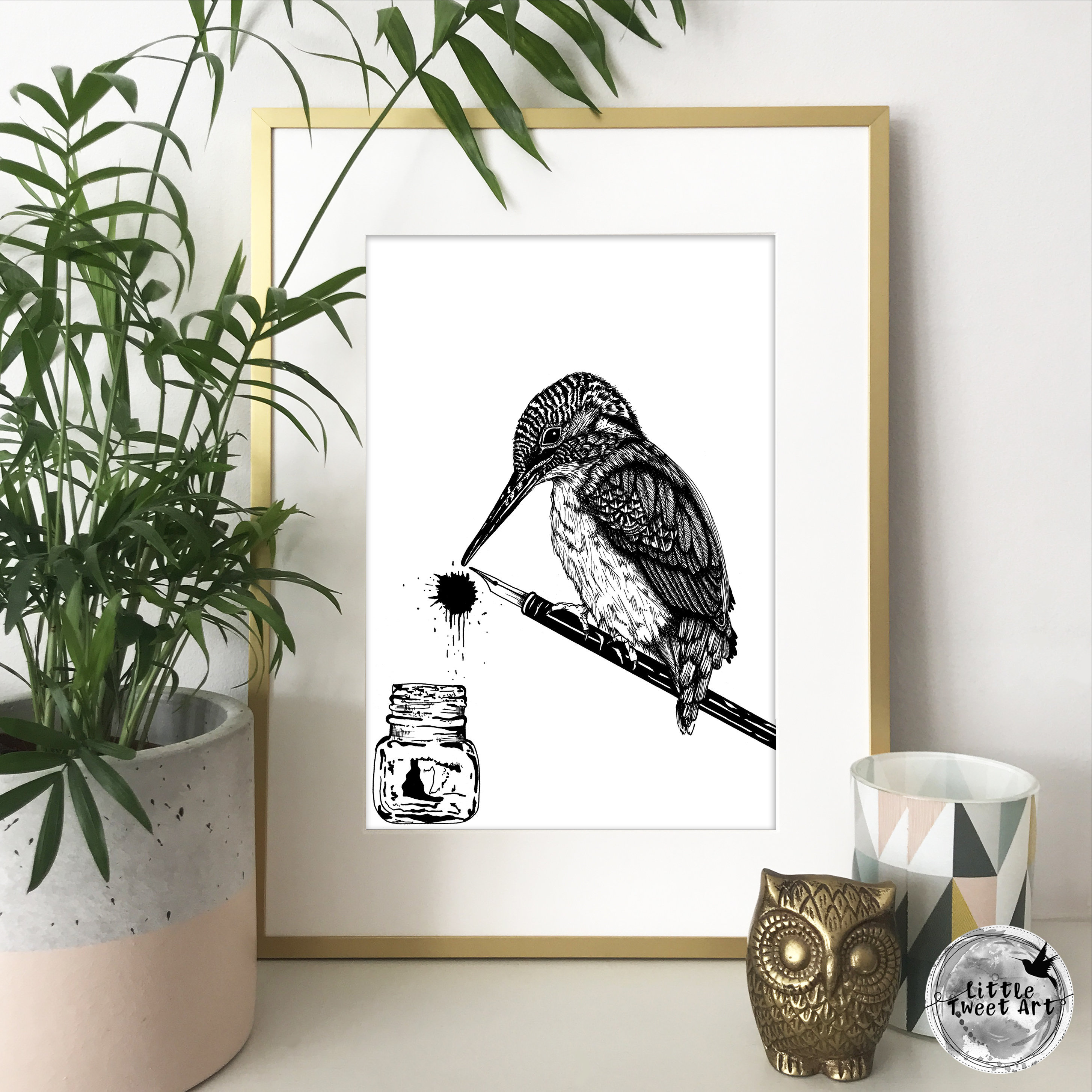 Eisvogel schwarz Stift Zeichnung - Tinte Vogel Illustration - Fine Art ...