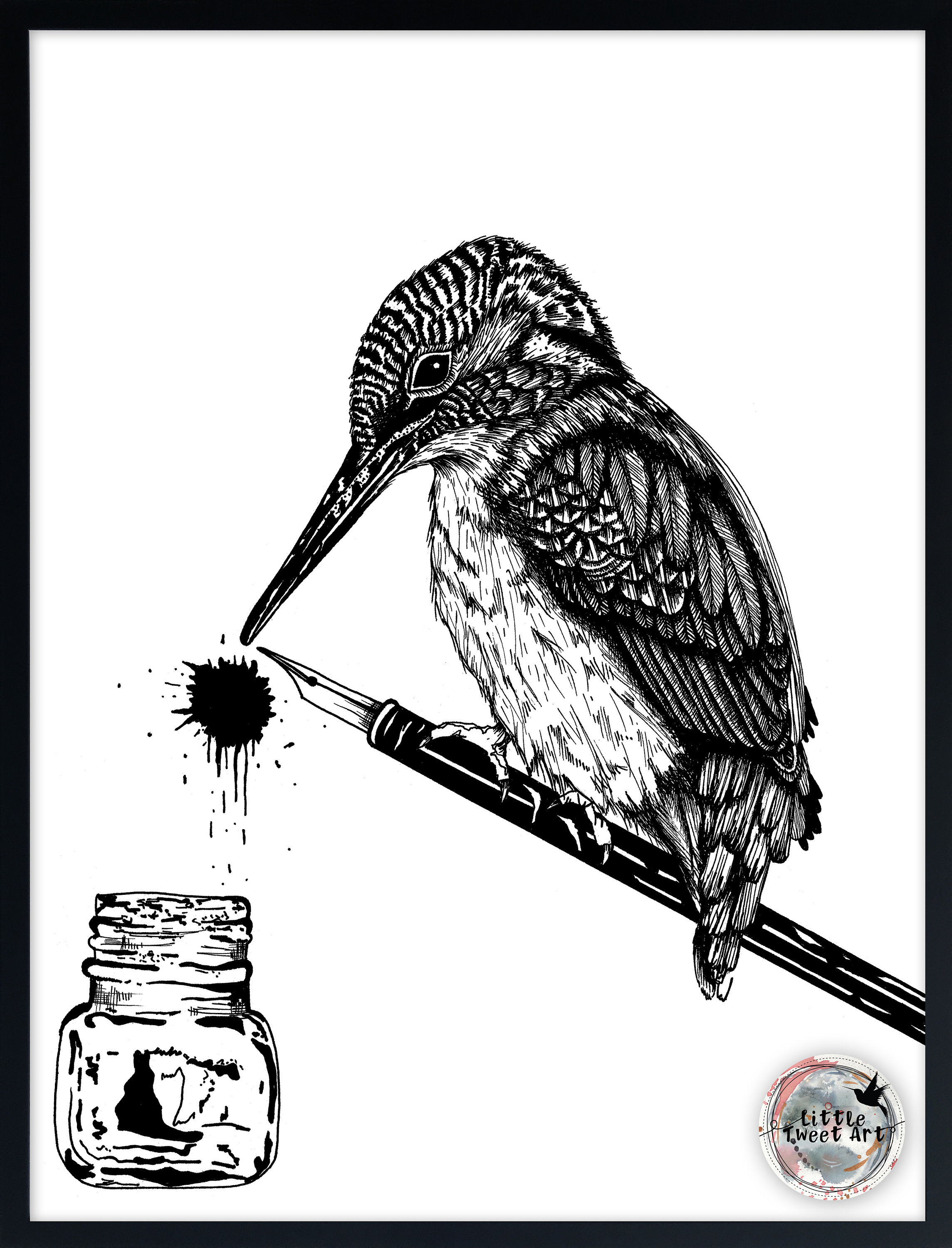 Eisvogel schwarz Stift Zeichnung - Tinte Vogel Illustration - Fine Art ...