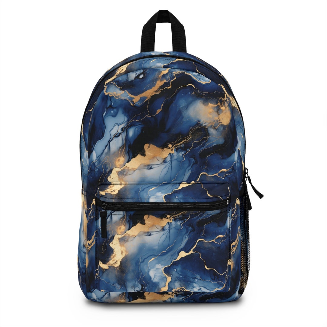 Blue and Gold Marble Modern Design Backpack School Travel Hiking Laptop ...
