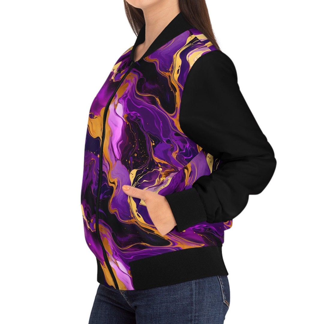 Purple and Gold Marble Print Woman's Bomber Jacket Lite Weight Fashion ...