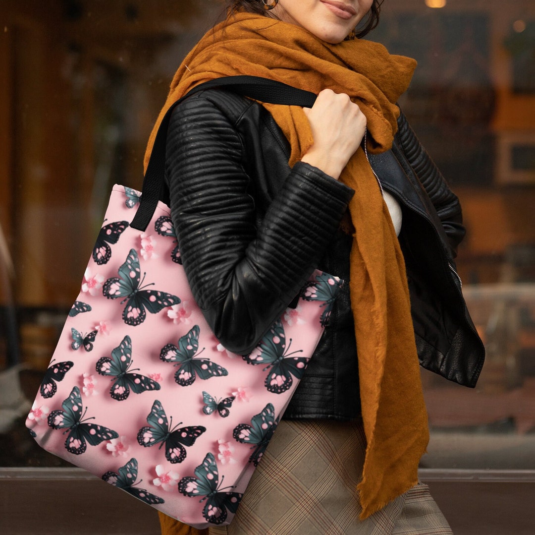 Pink Butterfly Canvas Tote Bag Shoulder Reusable Black - Etsy