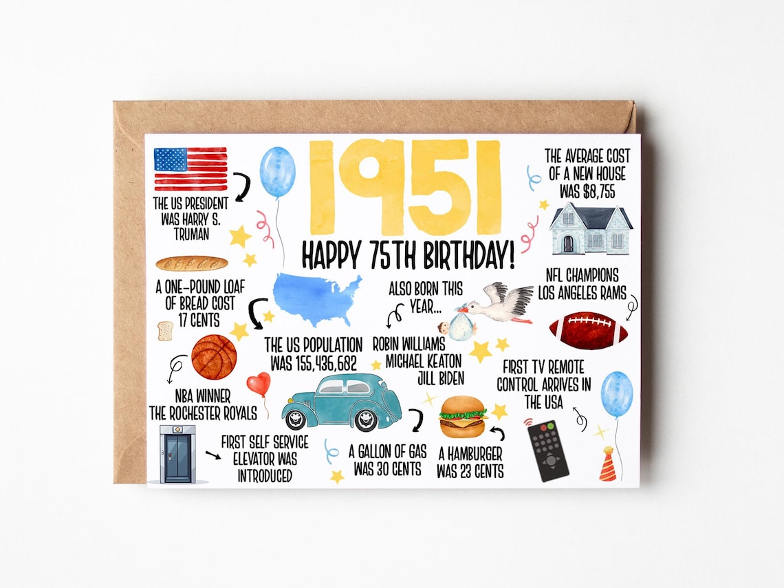 75th Birthday Card, Born in 1951 United States Greeting Card, 75th ...