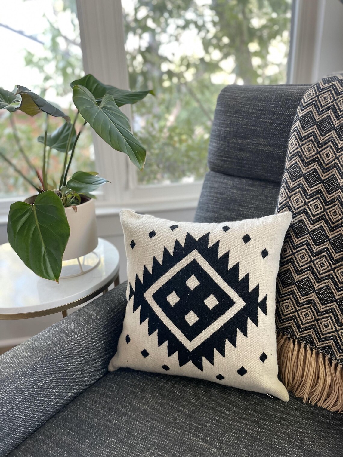 Black & White Decorative Bohemian Peruvian Pillow, Artisan Made, 16 X ...