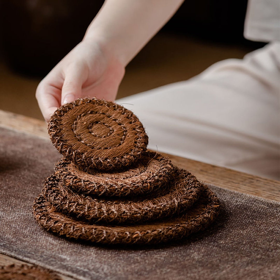 Handmade Rustic Coir Woven Round Tea Cup Mats Pot Coasters Heat ...