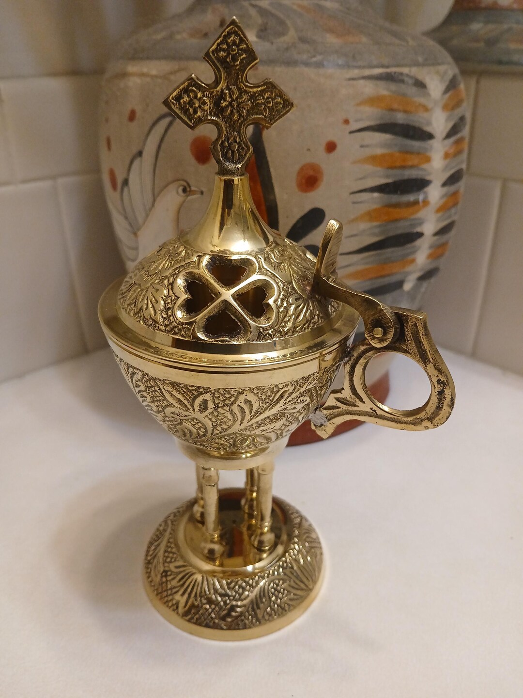 Beautifully Carved Cross Solid Brass Charcoal Burning Resin and Cone ...